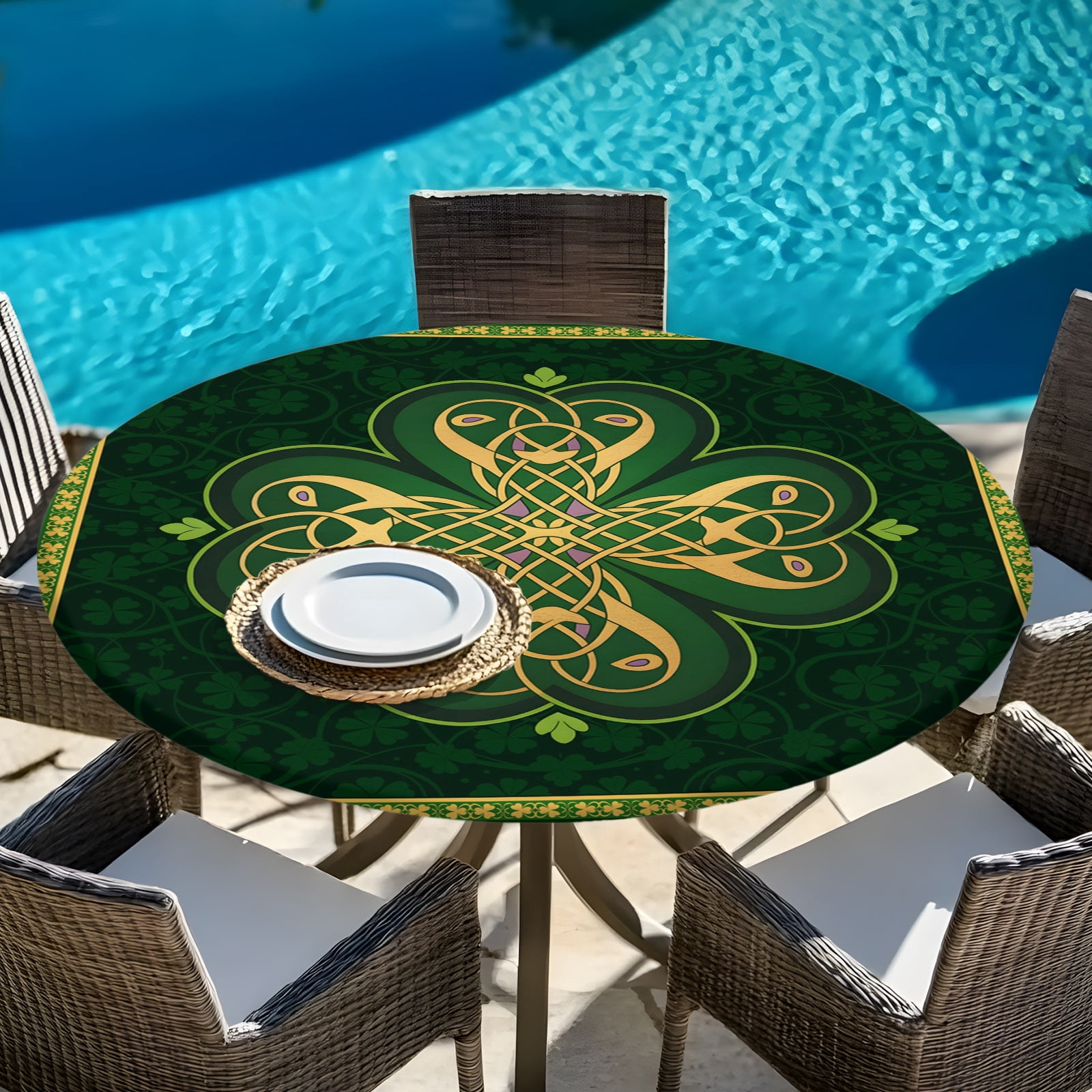 Abstract Shamrock Celtic Knot Round Fitted Tablecloth with Elastic Edge ...