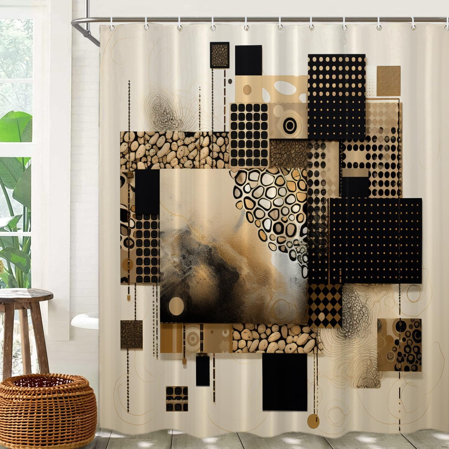 Abstract Shapes Decor Shower Curtain, Geometric Collage Art Bathroom ...