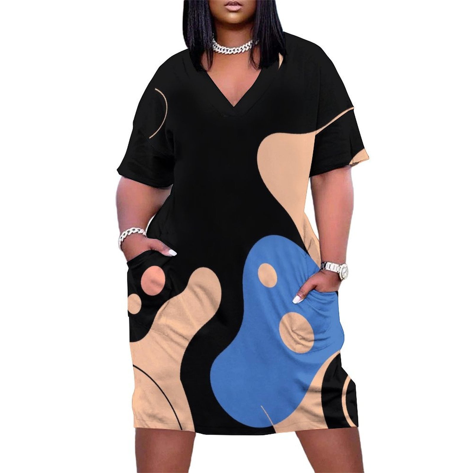 Abstract Shapes Design Dress Loose Pocket Dress Women Clothing 2025 New Arrivals Elegant Chic ...