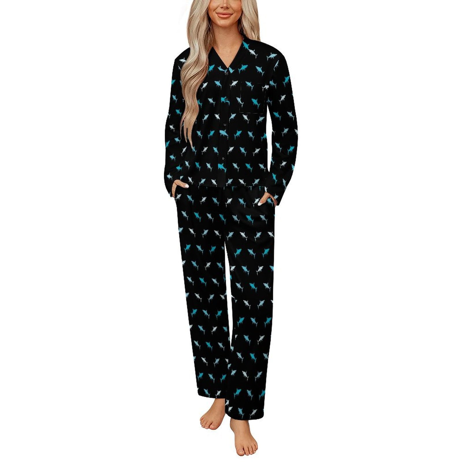 Abstract Shark Symbols Womens Pyjamas Set Button Up Pyjamas Womens with ...