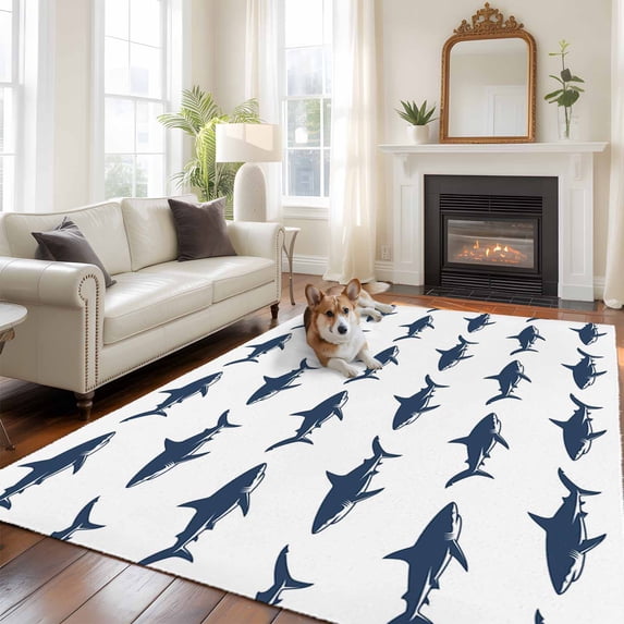 Abstract Sharks Area Rugs 5x7 ft Navy Blue Fish Simple Style Ocean Life ...