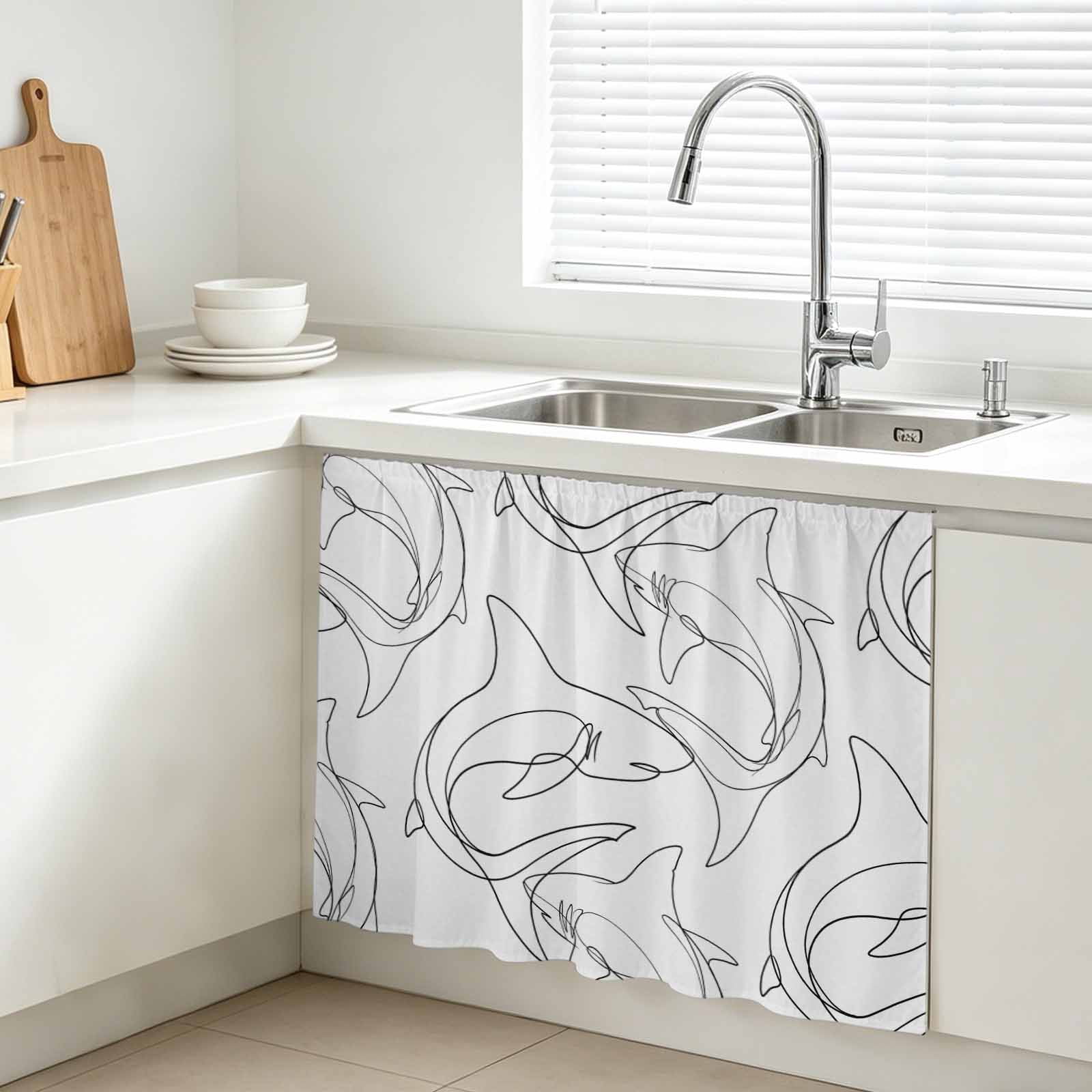 Abstract Sharks Cabinet Curtains for Kitchen 10"W x 11"L, Black Line ...