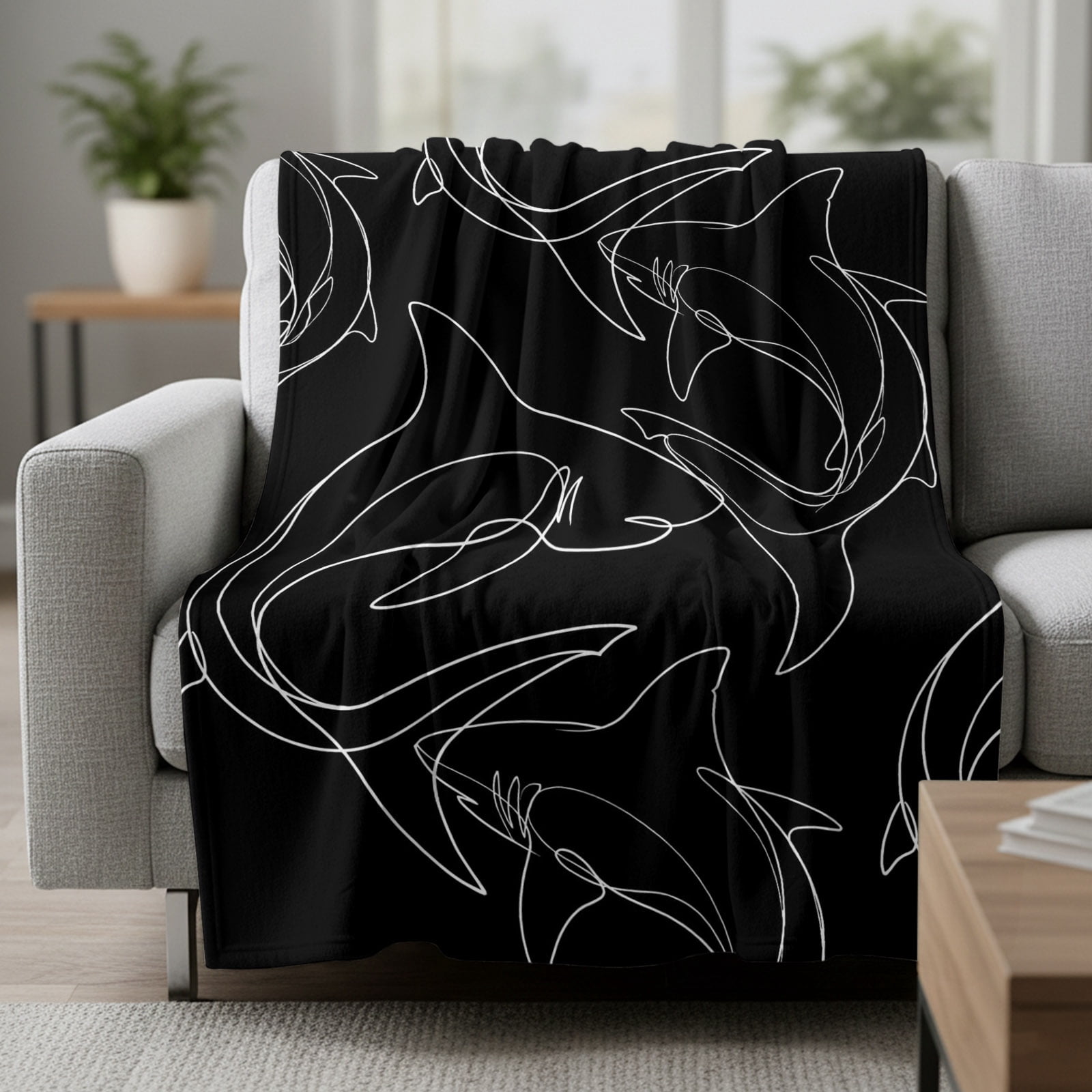 Abstract Sharks Fleece Throw Blanket Black Background Line Fish Ocean ...
