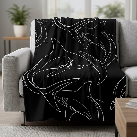 Abstract Sharks Fleece Throw Blanket Black Background Line Fish Ocean ...