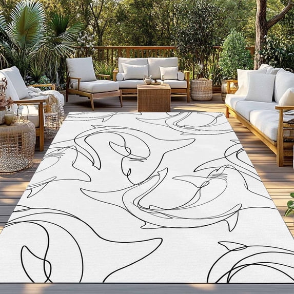 Abstract Sharks Indoor Outdoor Rugs 6x9 Ft, Black Line Fish Ocean Life ...