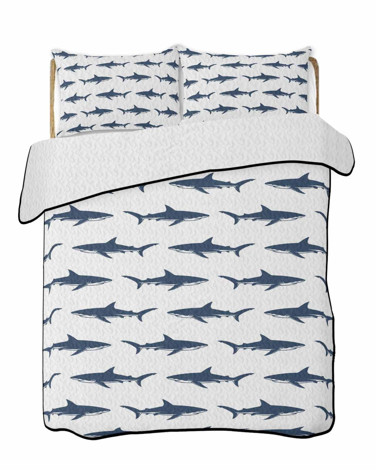 Abstract Sharks Quilts Bedding Set King Size Navy Blue Fish Simple ...