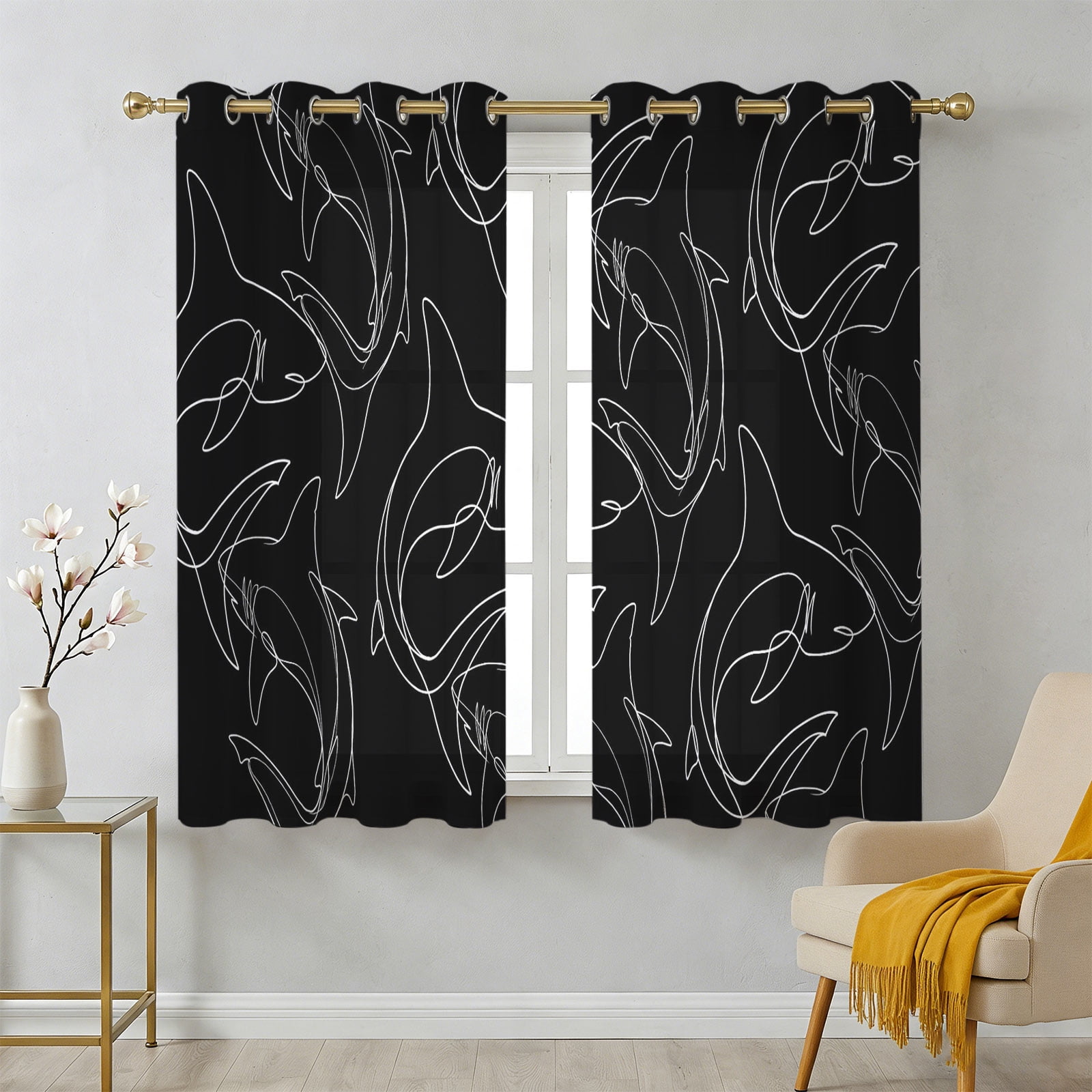 Abstract Sharks Sheer Curtains 54 Inch Long 2 Panels, Black Background ...