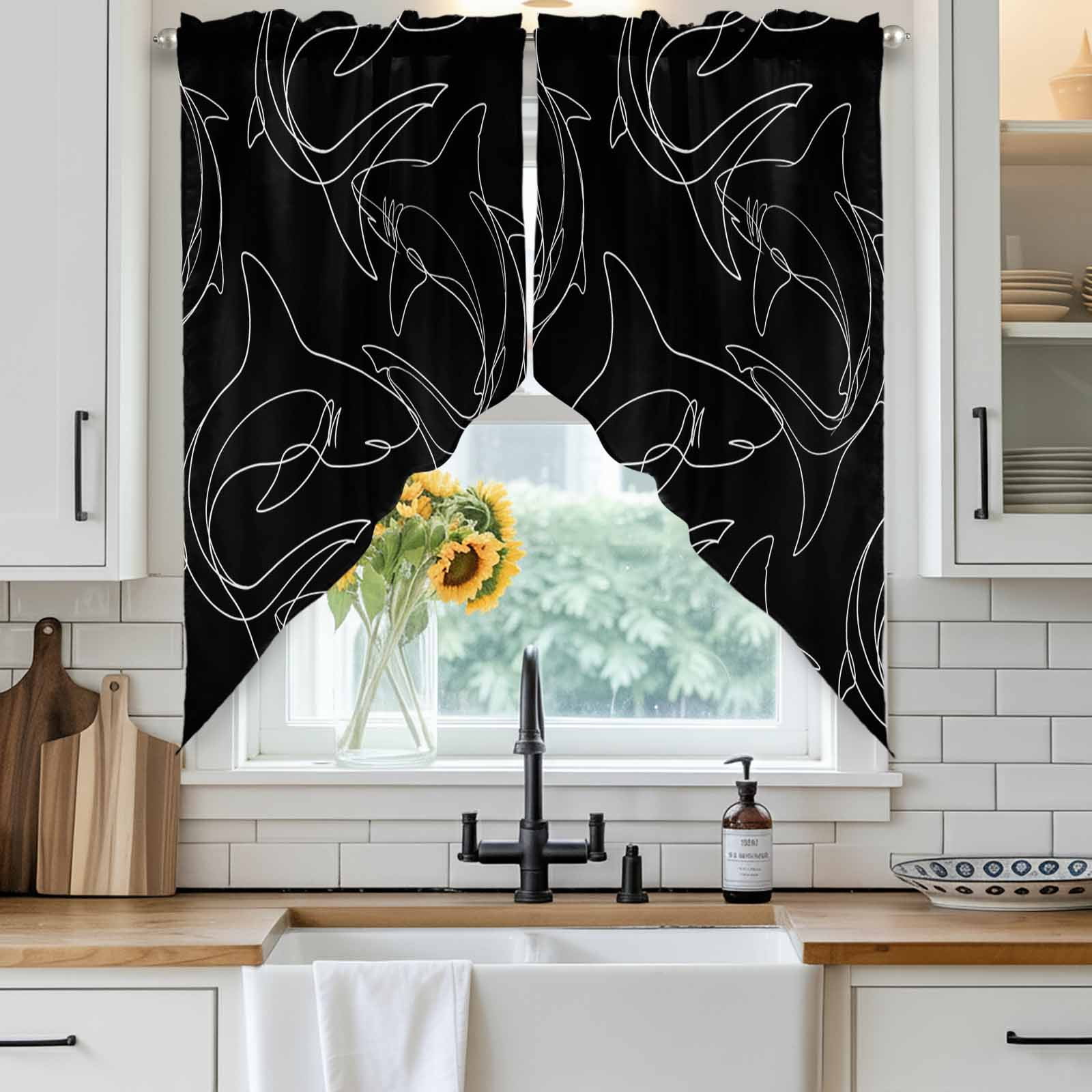 Abstract Sharks Swag Curtain Valance for Windows, Black Background Line ...