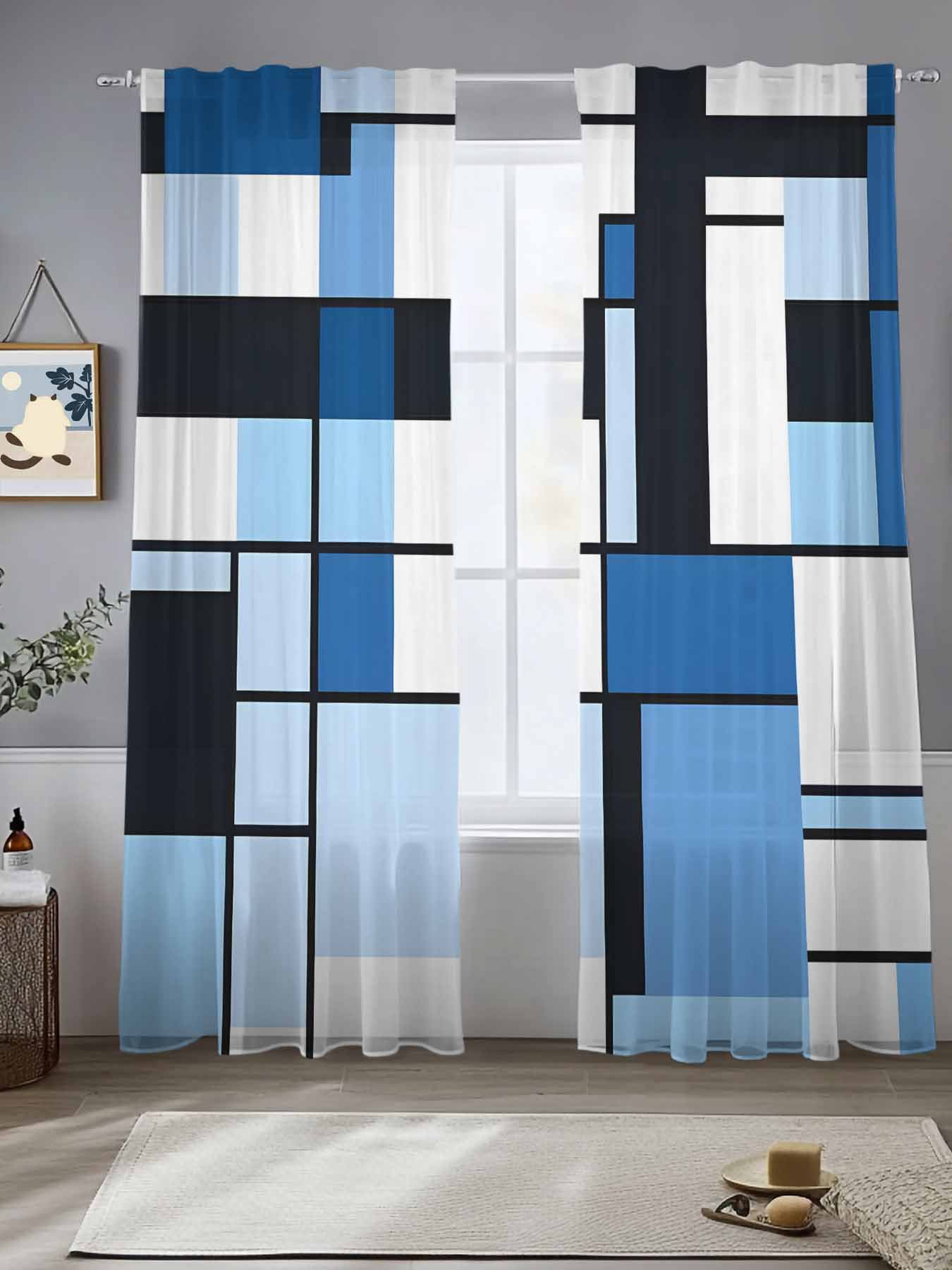 Abstract Sheer Curtains 108 Inches Long 2 Panels Medieval Blue Black ...