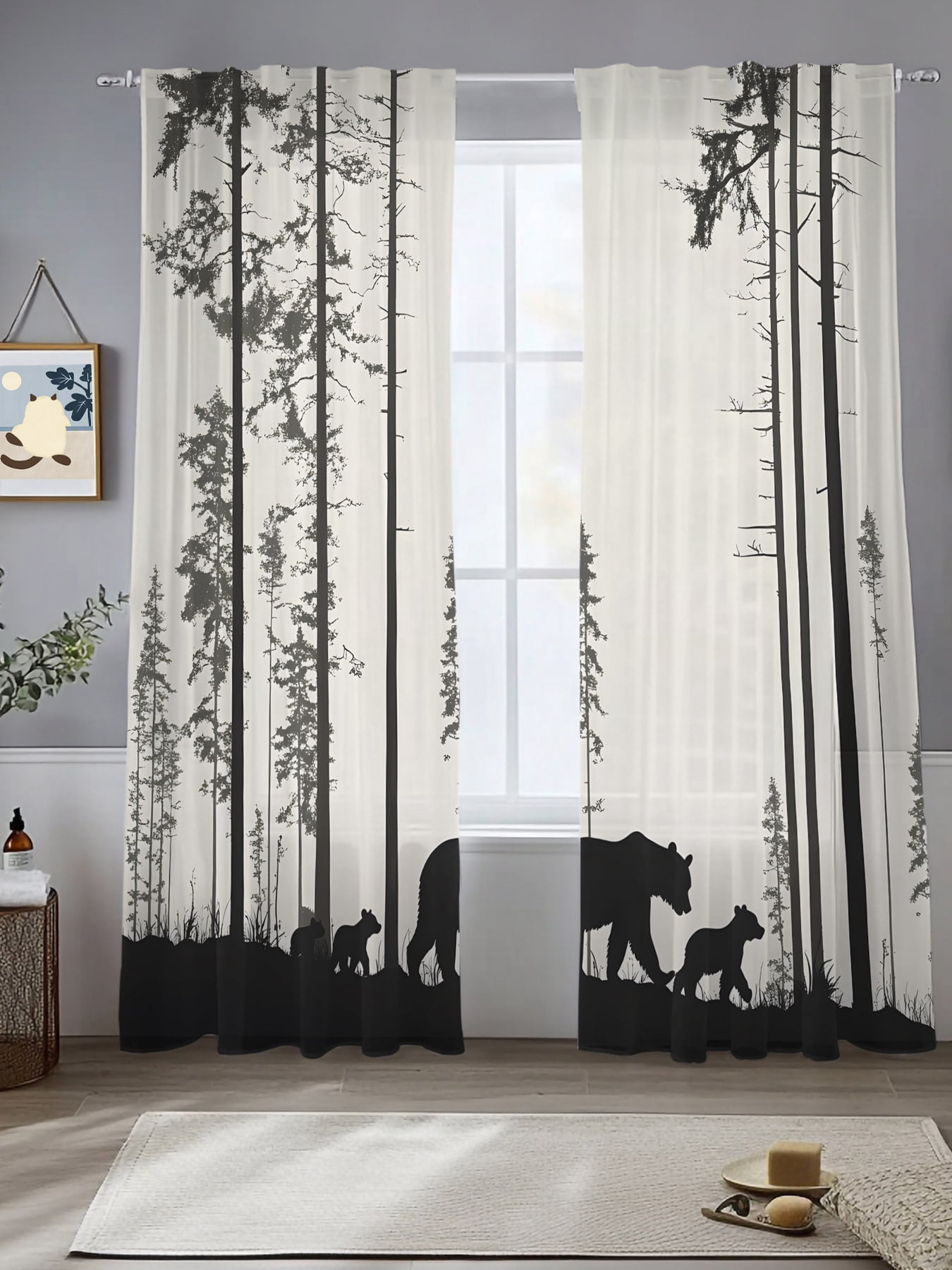 Abstract Sheer Curtains 108 inches Long, Animal Bear Family Forest ...
