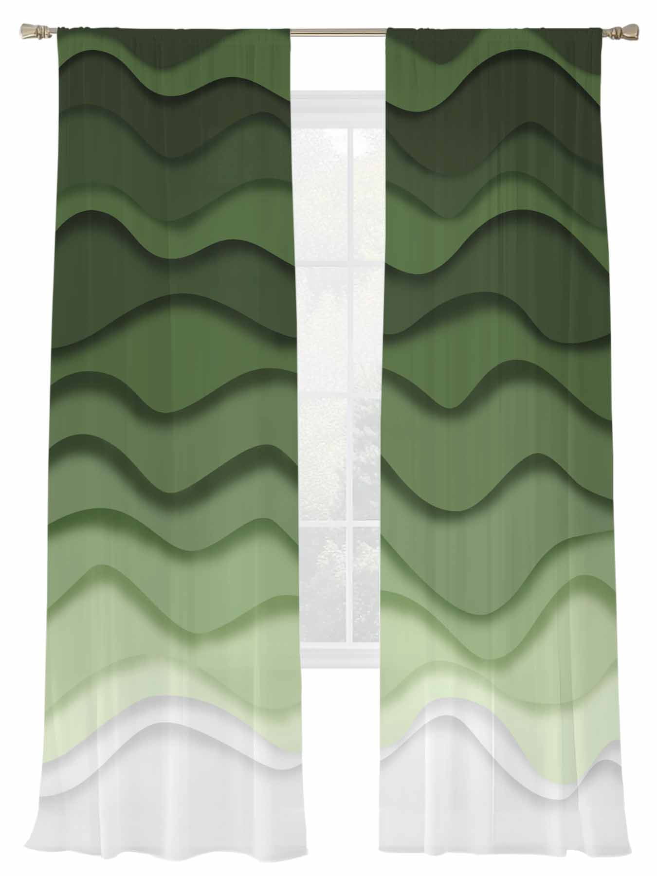 Abstract Sheer Curtains 2 Panels Set Green Gradient Ocean Waves Sandy ...