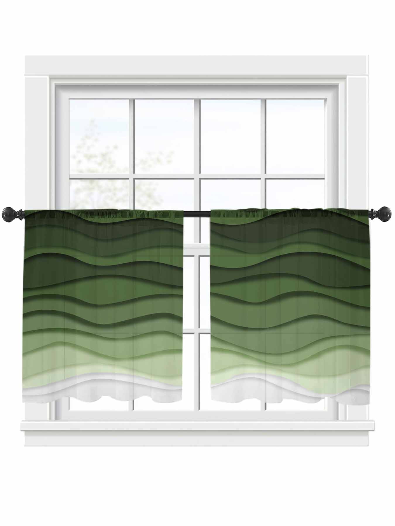 Abstract Sheer Curtains 2 Panels Set Green Gradient Ocean Waves Sandy ...