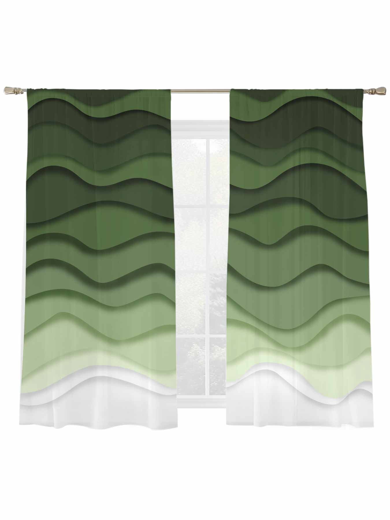 Abstract Sheer Curtains 2 Panels Set Green Gradient Ocean Waves Sandy ...