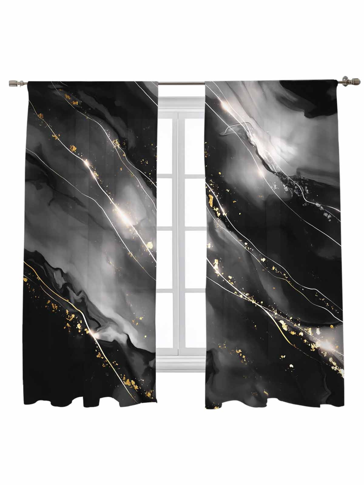 Abstract Sheer Curtains 2 Panels Set Ombre Black Marble Texture White ...