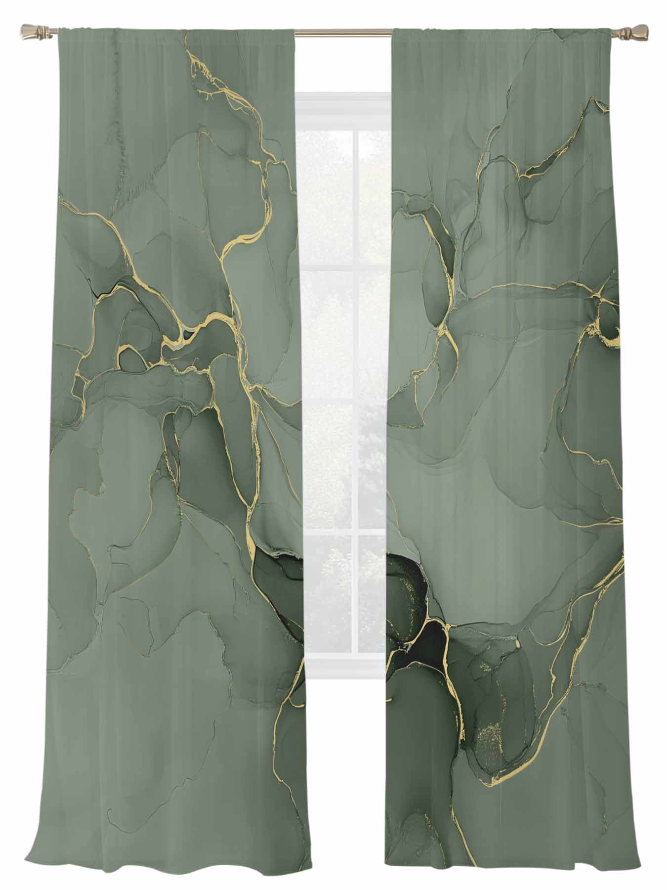 Abstract Sheer Curtains 2 Panels Set Sage Green Golden Marble Fluid ...