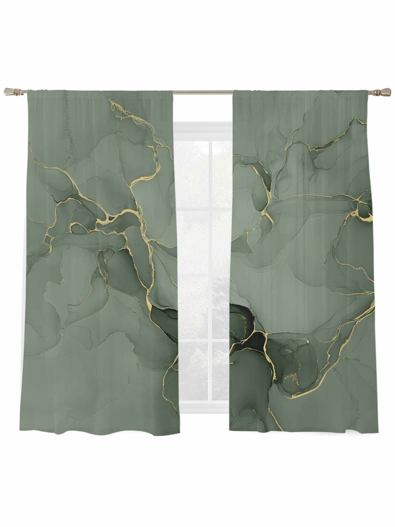 Abstract Sheer Curtains 2 Panels Set Sage Green Golden Marble Fluid ...