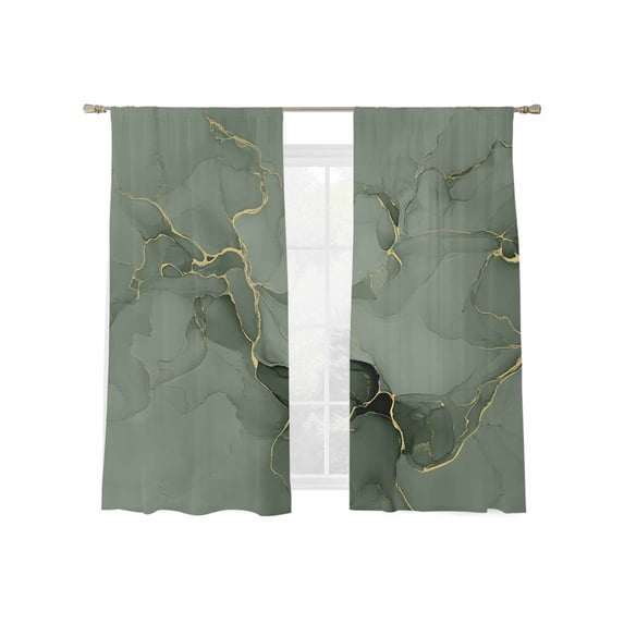 Abstract Sheer Curtains 2 Panels Set Sage Green Golden Marble Fluid ...