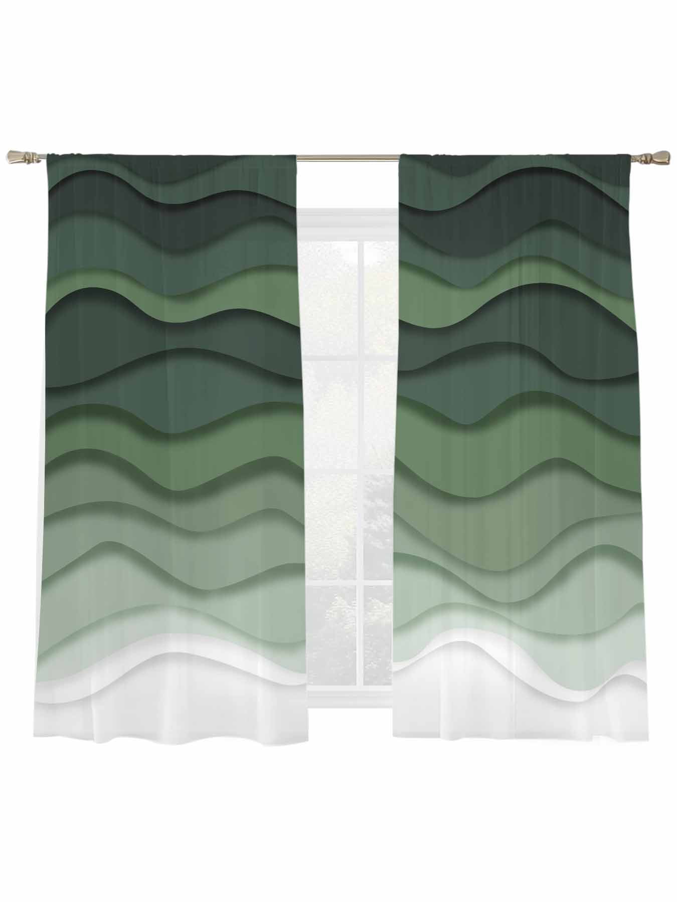 Abstract Sheer Curtains 2 Panels Set Sage Green Gradient Ocean Waves ...
