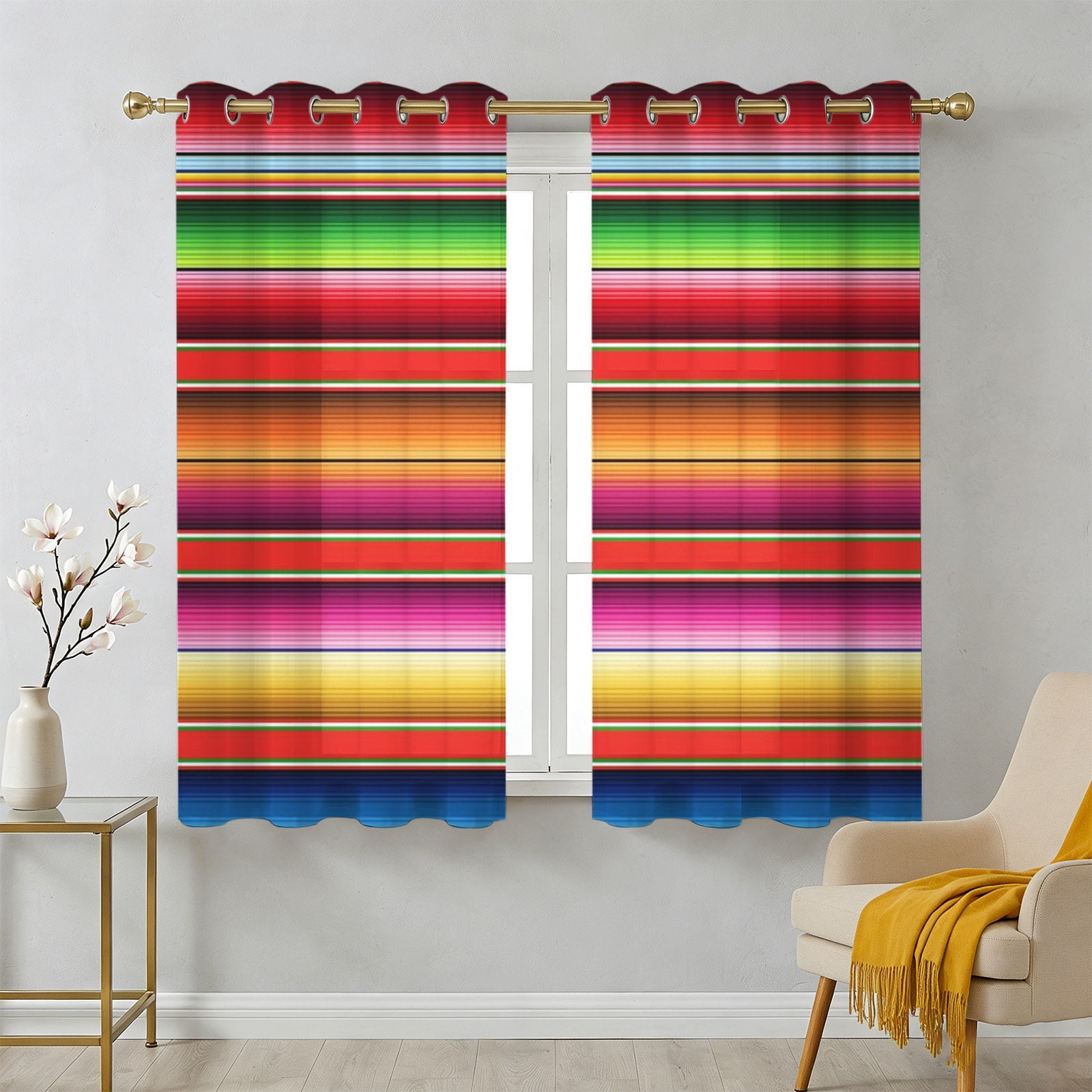 Abstract Sheer Curtains 45 Inch Long 2 Panels, Colorful Mexican Stripe ...