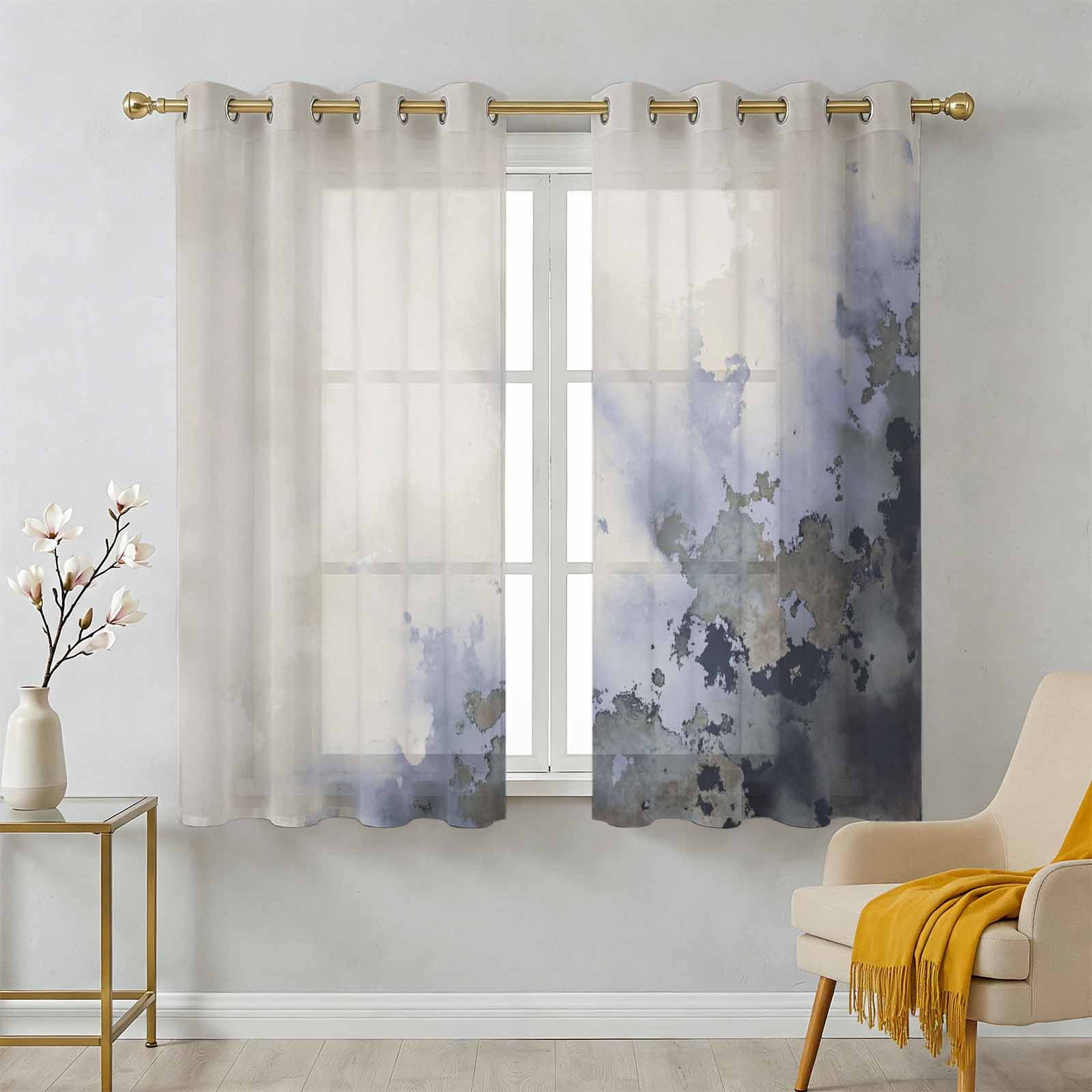 Abstract Sheer Curtains 45 Inch Long 2 Panels, Ink Painting Mottled ...