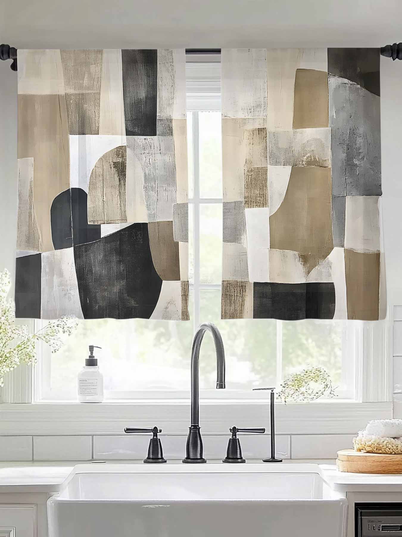 Abstract Sheer Curtains 54 Inches Long 2 Panels Beige Brown Black Oil ...