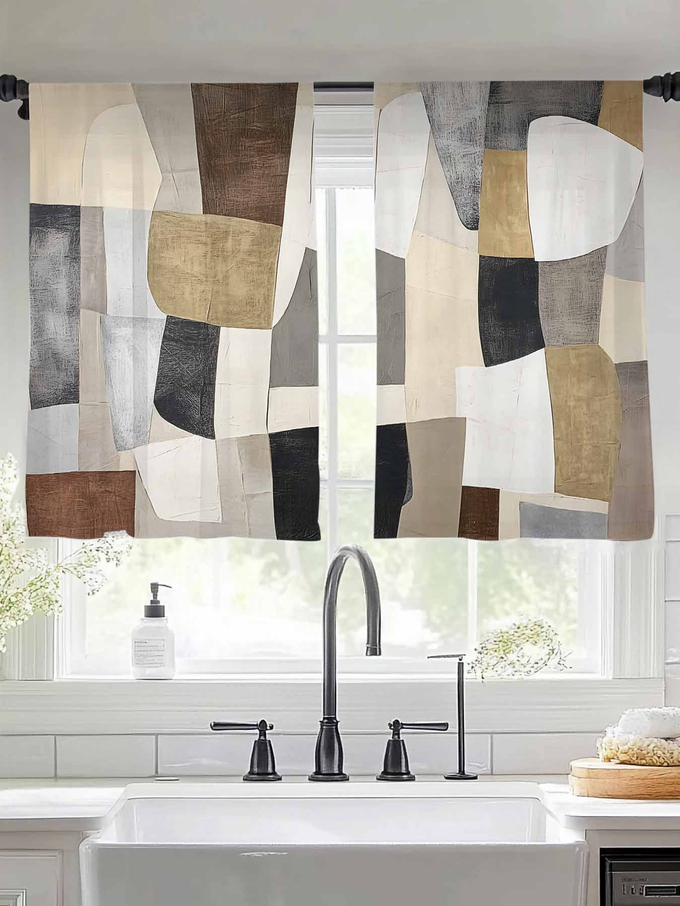 Abstract Sheer Curtains 54 Inches Long 2 Panels Beige Brown Black Oil ...
