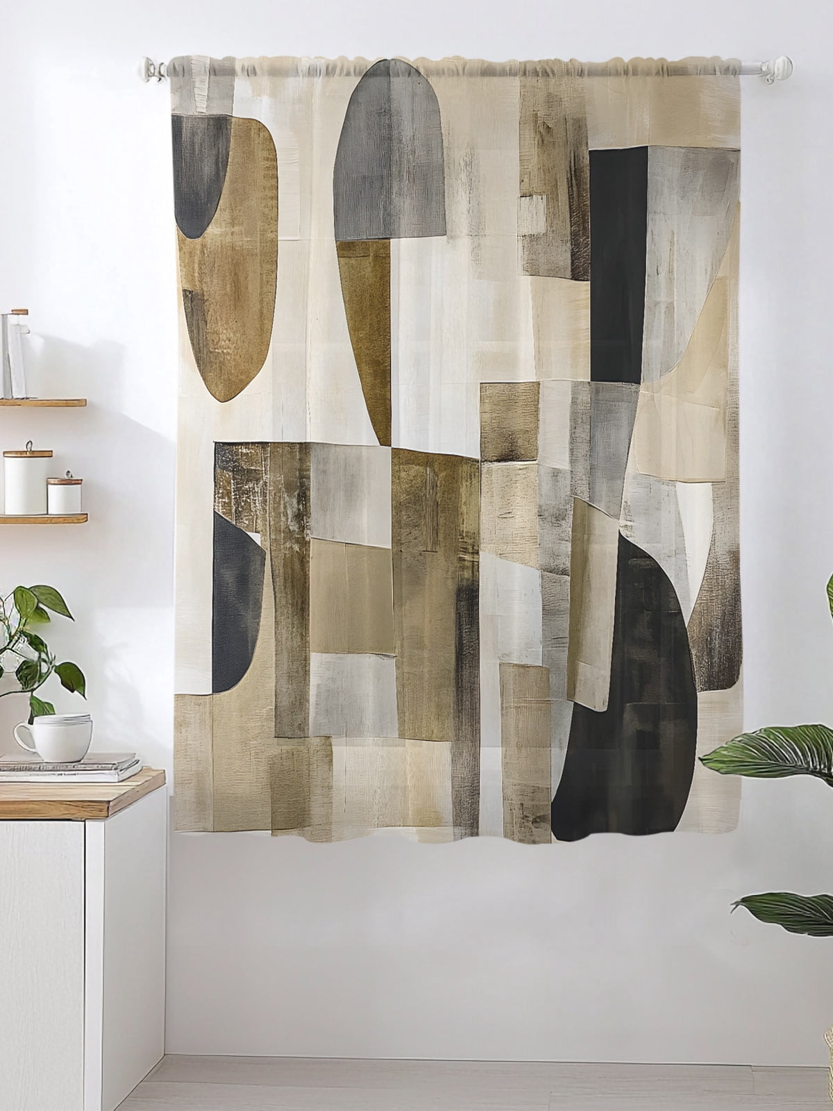 Abstract Sheer Curtains 63 Inch Long 1 Panel Brown Black Color Block ...