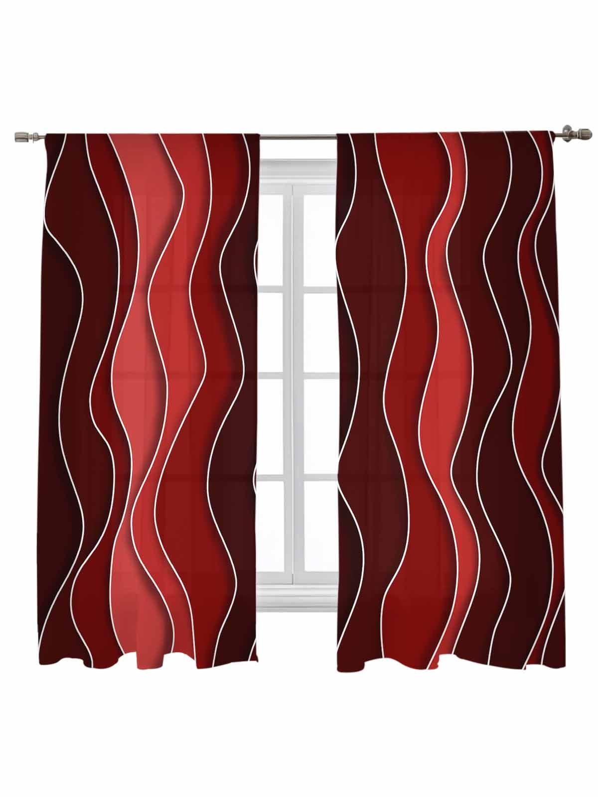 Abstract Sheer Curtains 72 Inch Long 2 Panels, Red Gradient Waves Beach ...