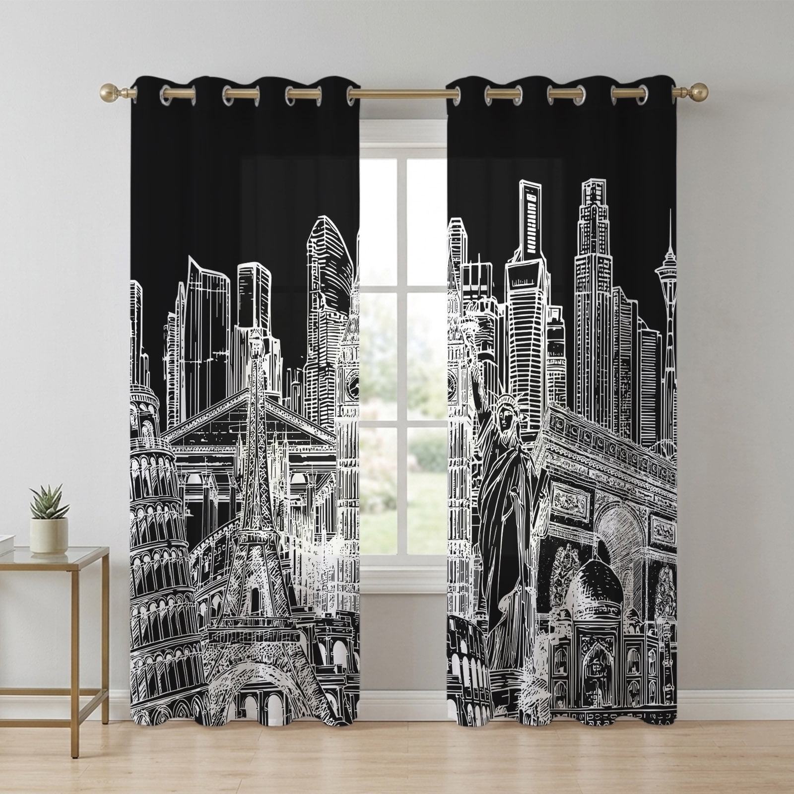 Abstract Sheer Curtains 72 Inch Long 2 Panels, White and Black Global ...