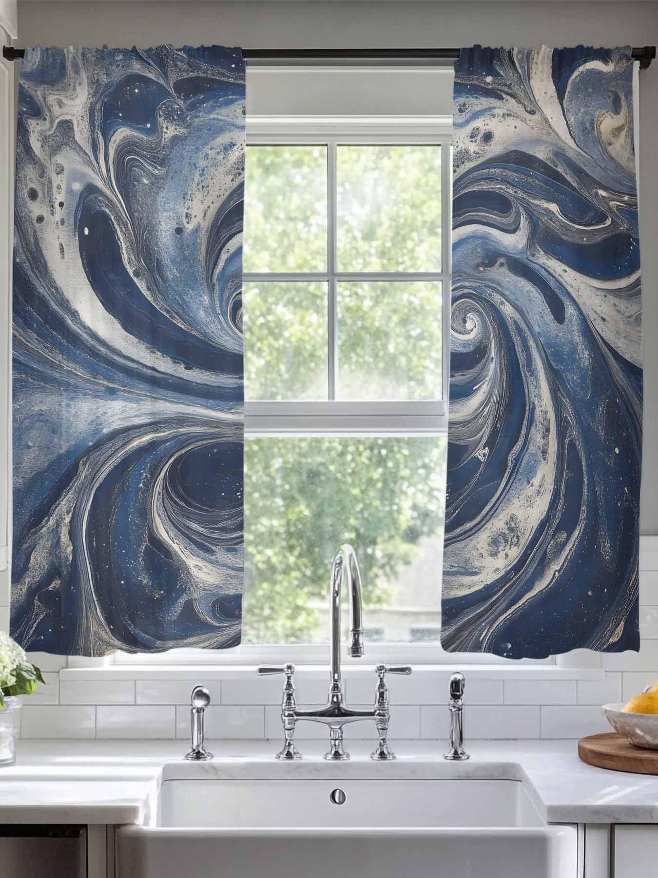 Abstract Sheer Curtains 72 Inches Long 2 Panels Blue Gray Swirling ...