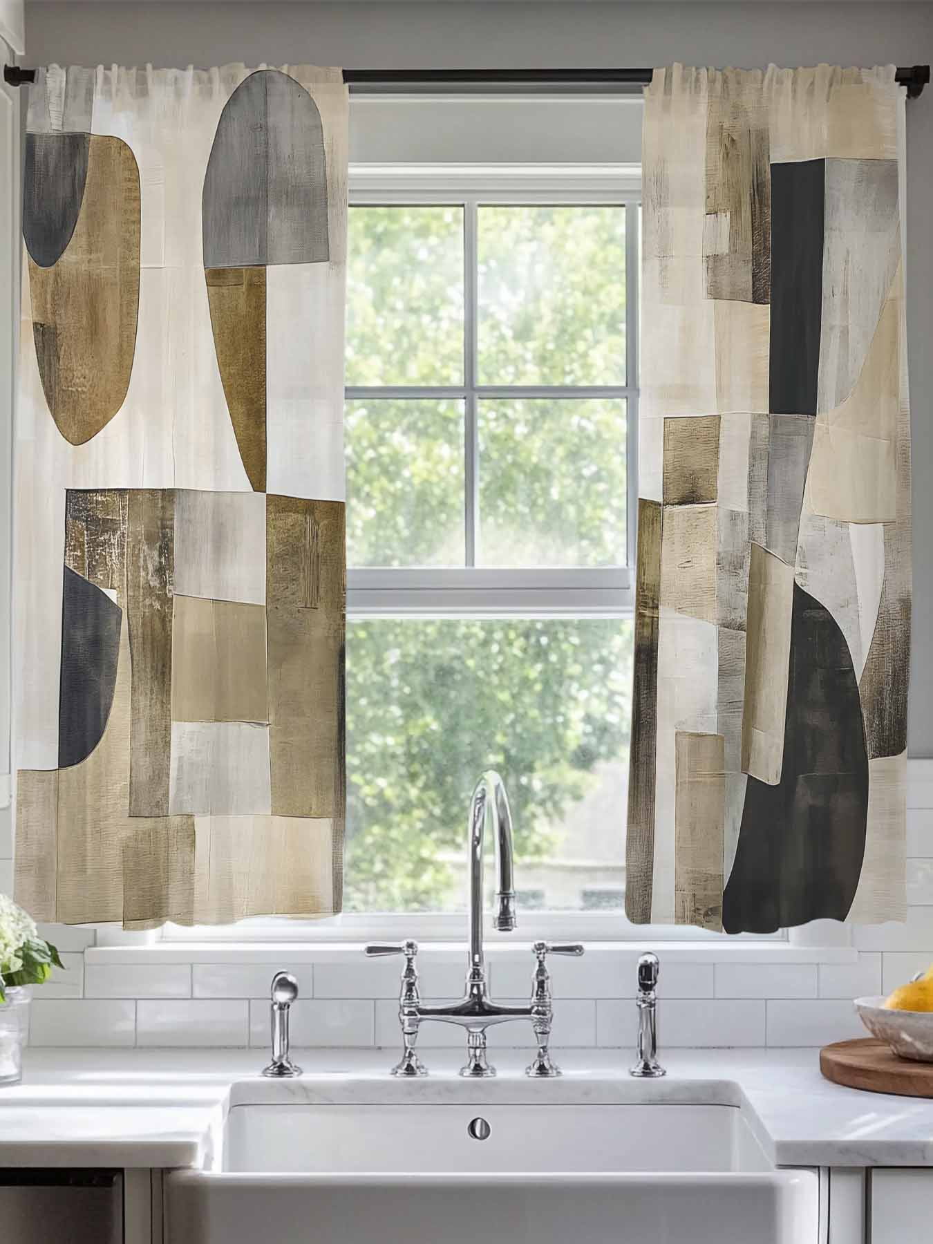 Abstract Sheer Curtains 72 Inches Long 2 Panels Brown Black Color Block ...