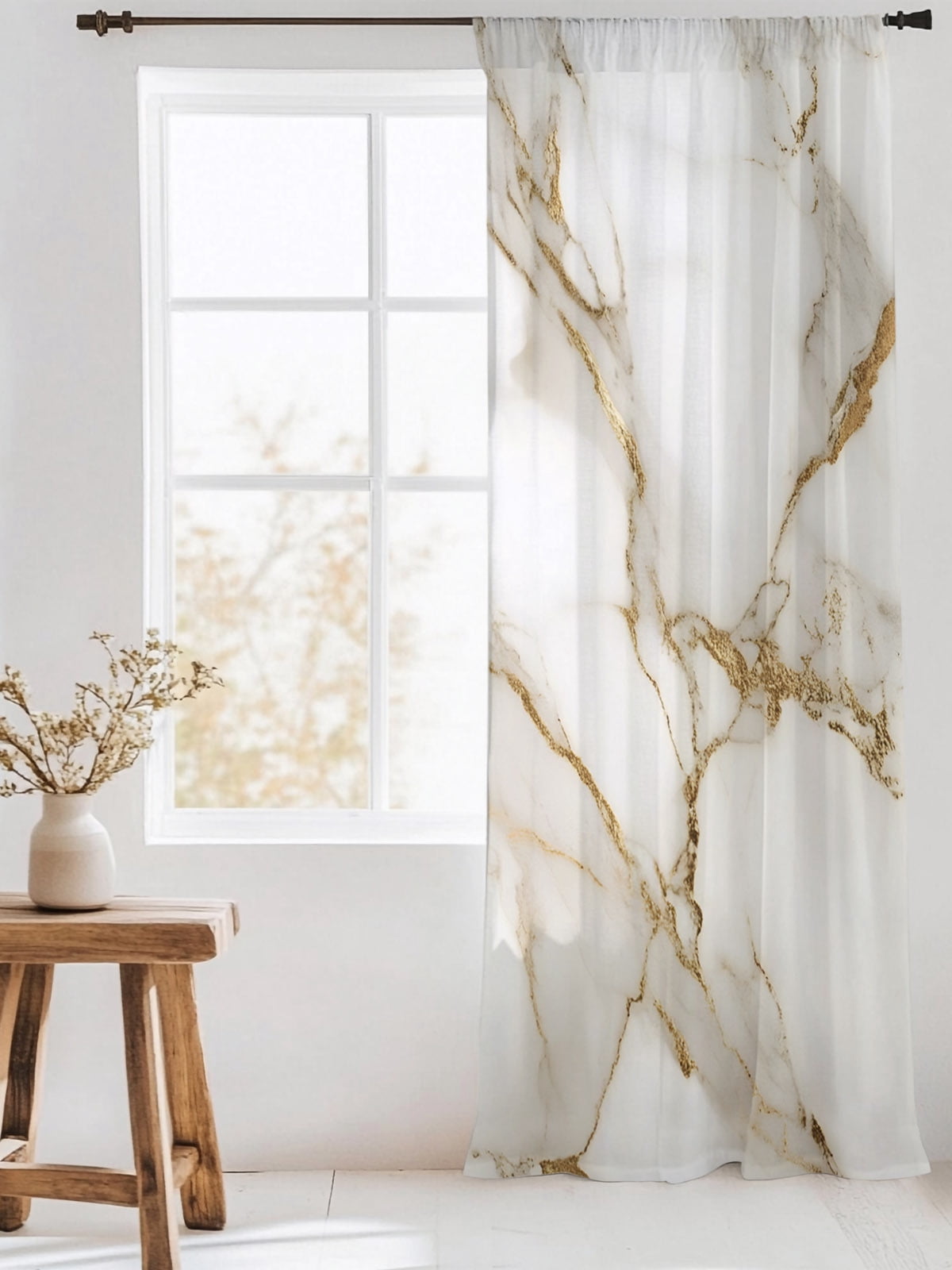 Abstract Sheer Curtains 84 Inch Long 1 Panel White Marble Pattern Gold ...