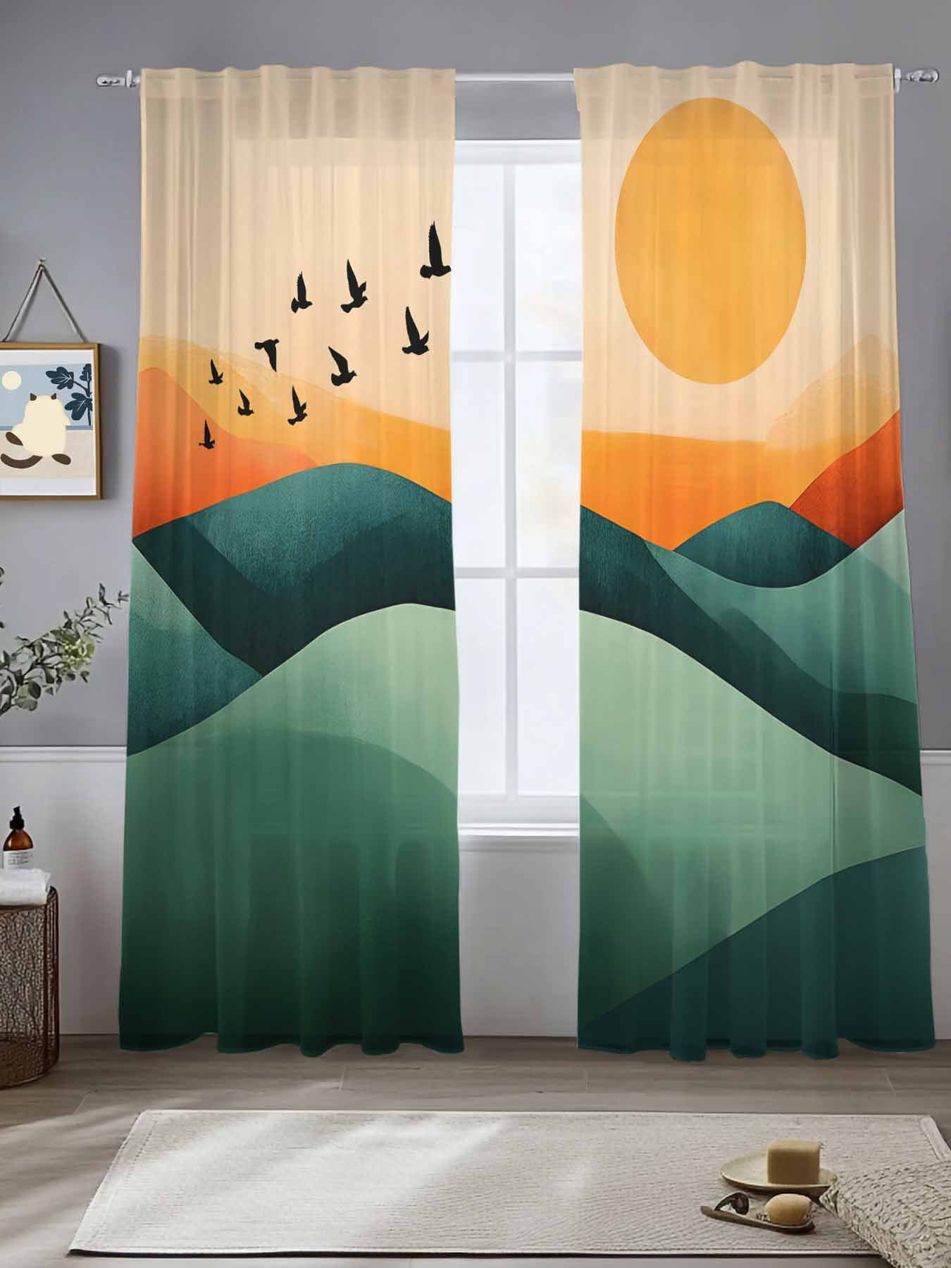 Abstract Sheer Curtains 84 Inches Long 2 Panels Peaks Sun Set Birds Oil ...