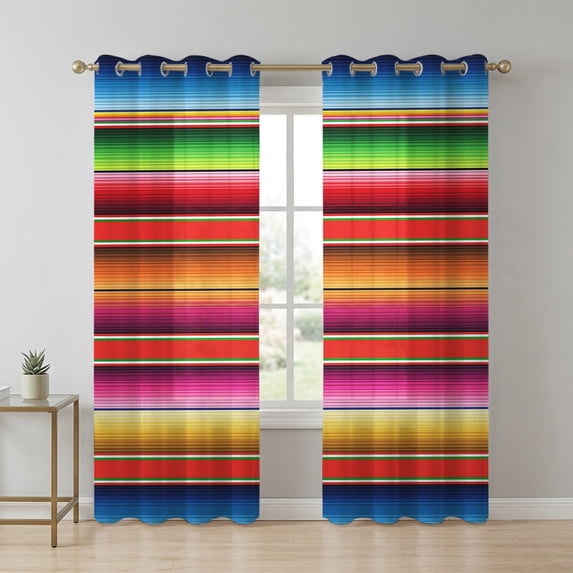 Abstract Sheer Curtains 96 Inch Long 2 Panels, Colorful Mexican Stripe ...