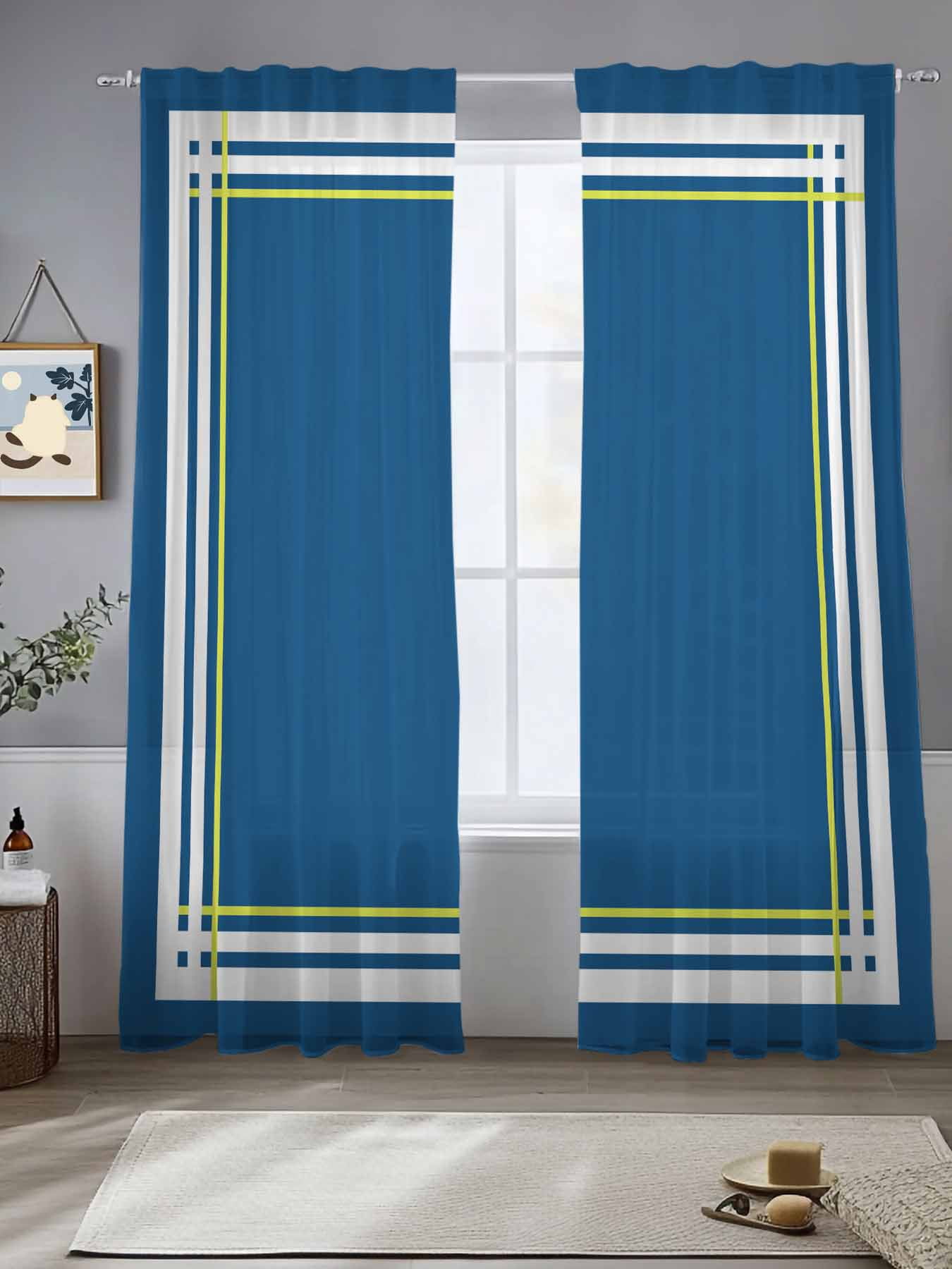 Abstract Sheer Curtains 96 Inches Long 2 Panels Blue Color Block White ...