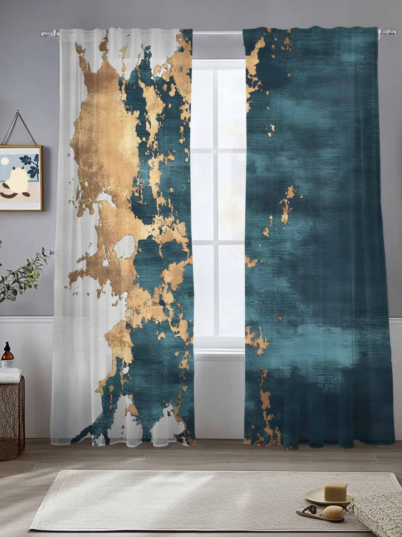 Abstract Sheer Curtains 96 Inches Long 2 Panels Modernism Gold Blue ...