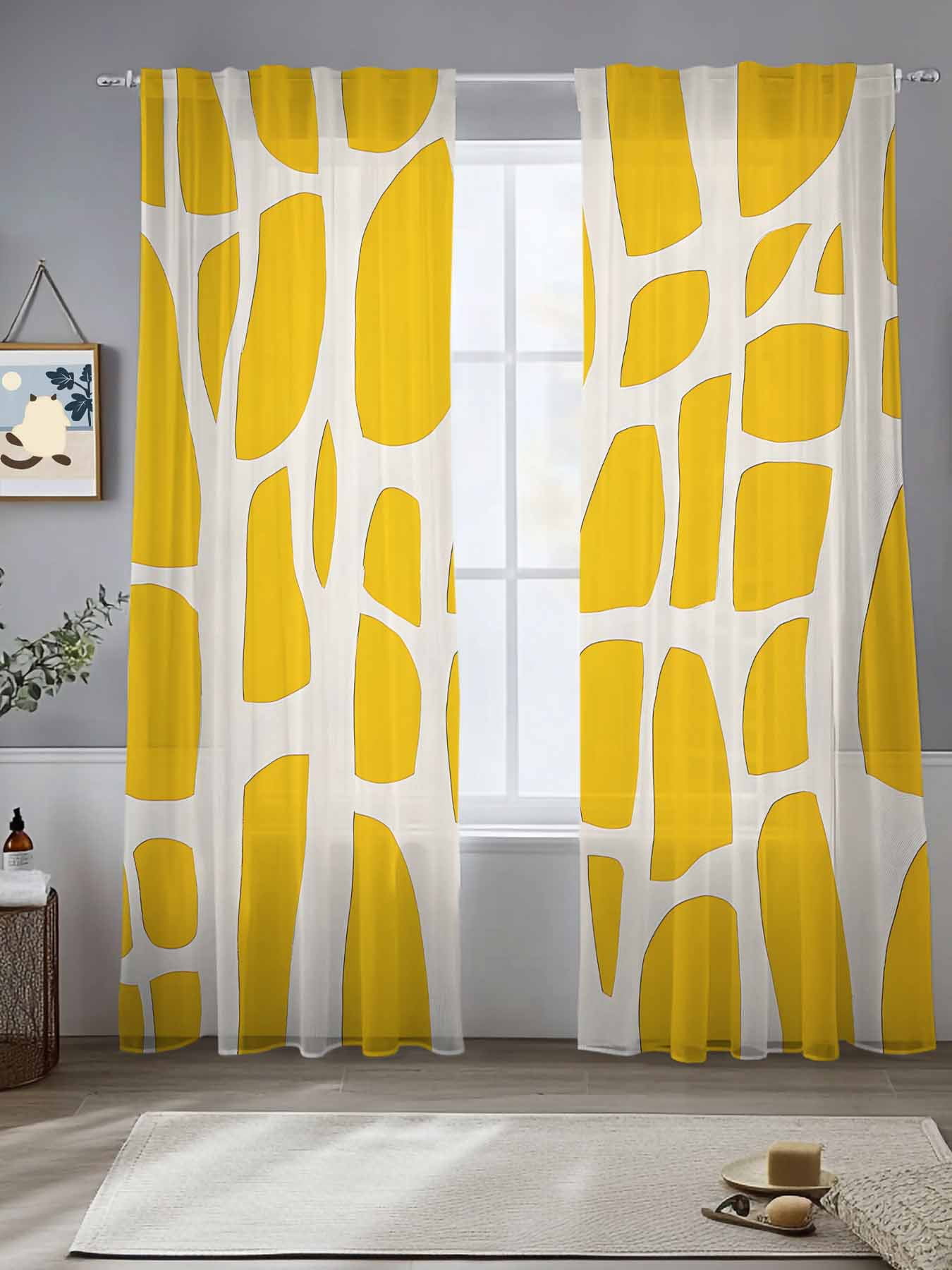 Abstract Sheer Curtains 96 Inches Long 2 Panels Modernism Yellow Color ...
