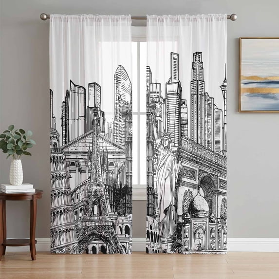 Abstract Sheer Curtains for Living Room Bedroom, Black and White Global ...