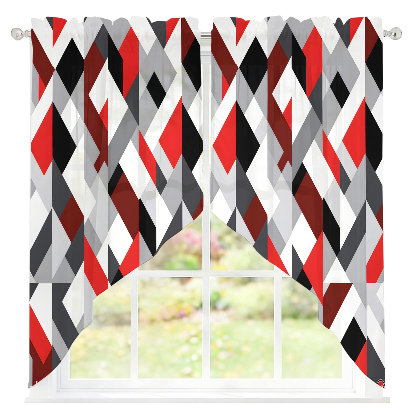 Abstract Sheer Curtains Swag Valances for Windows Red Black Geometric ...
