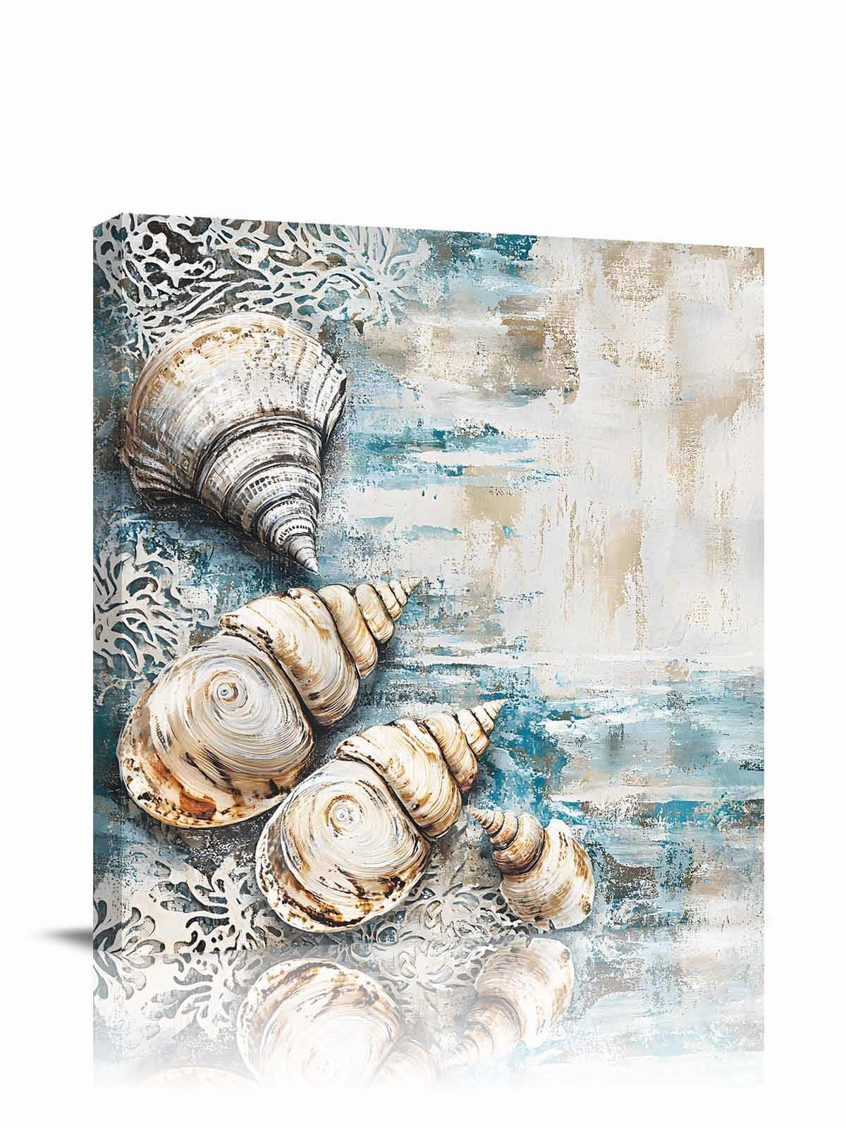 Abstract Shell Canvas Wall Art, Blue Floral Ocean Coastal Framed Wall ...
