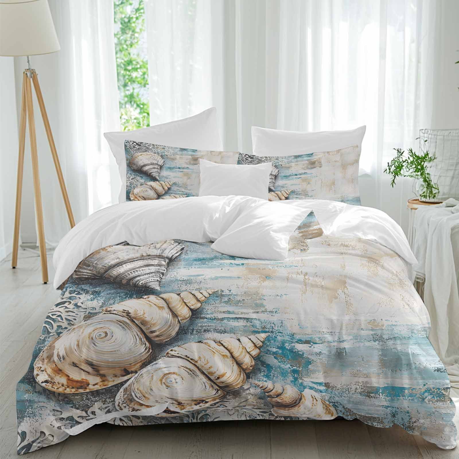 Abstract Shell Duvet Cover Set Twin Size Blue Floral Ocean Coastal Soft ...