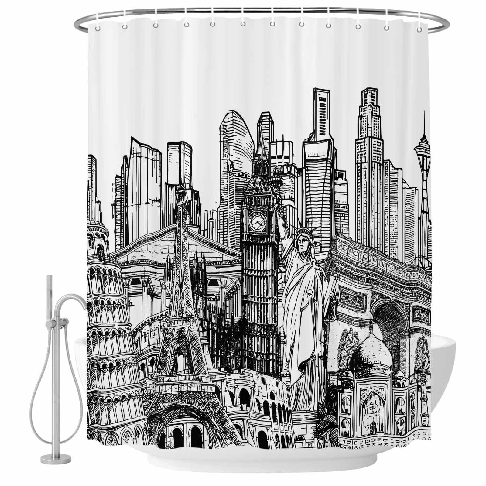 Abstract Shower Curtain for Bathroom, Black and White Global Landmarks ...