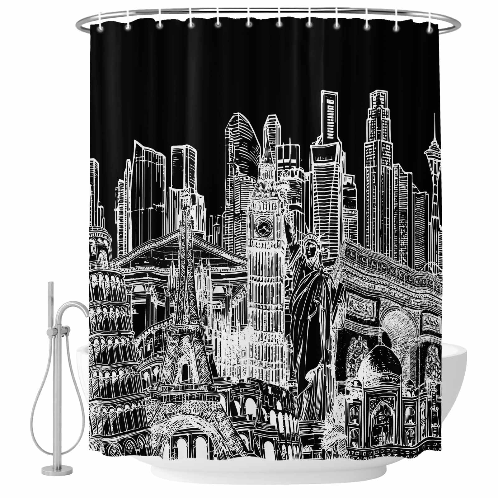 Abstract Shower Curtain for Bathroom, White and Black Global Landmarks ...