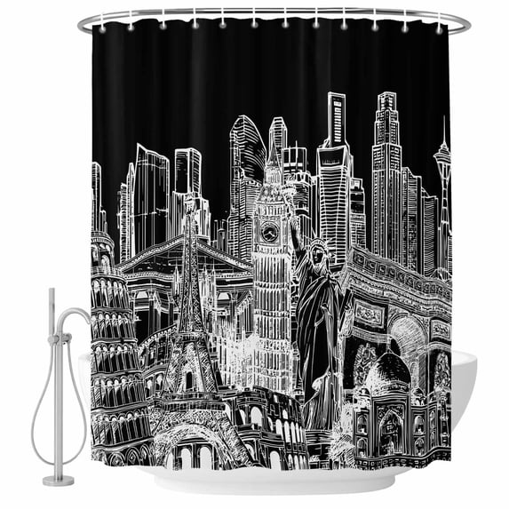 Abstract Shower Curtain for Bathroom, White and Black Global Landmarks ...