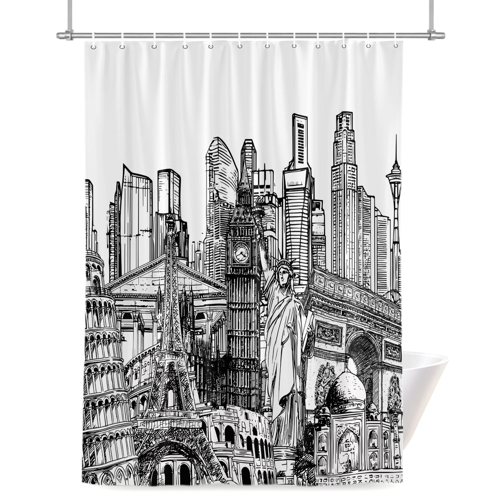 Abstract Shower Curtain, Black and White Global Landmarks Modern ...