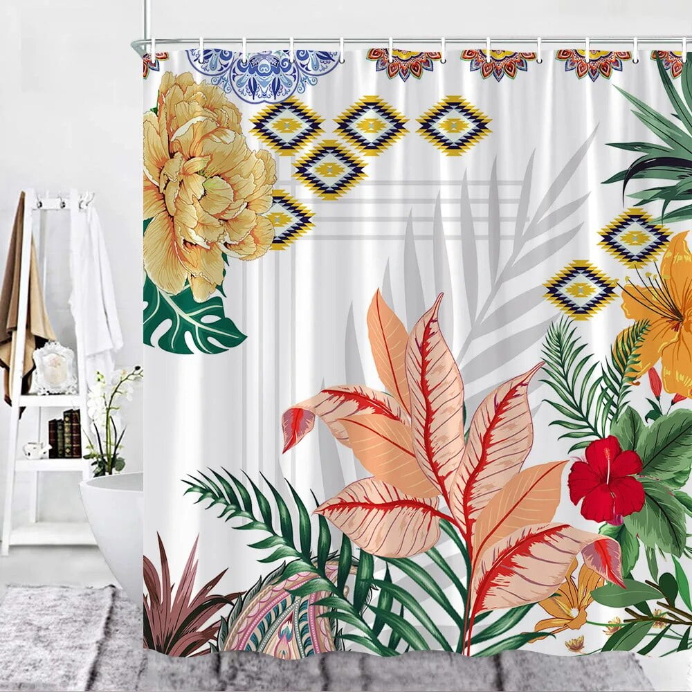 Abstract Shower Curtain Boho Flower Pattern Green Leaf Mid Century