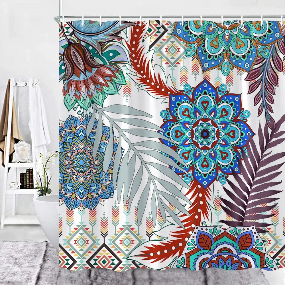 Abstract Shower Curtain Boho Flower Pattern Green Leaf Mid Century