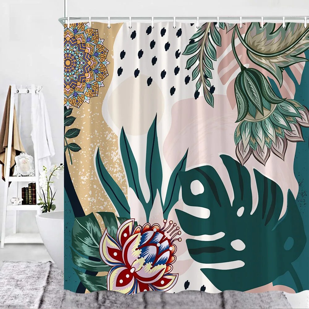 Abstract Shower Curtain Boho Flower Pattern Green Leaf Mid Century