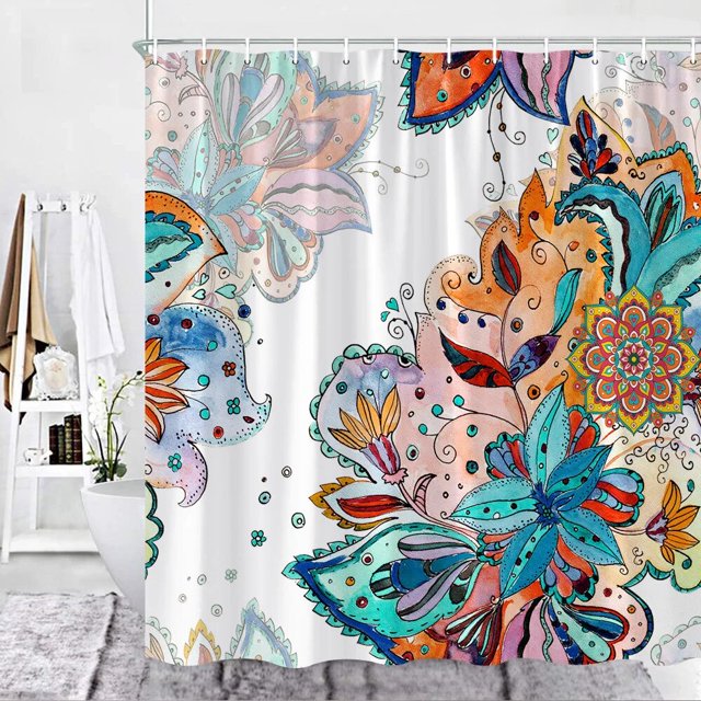 Abstract Shower Curtain Boho Flower Pattern Green Leaf Mid Century