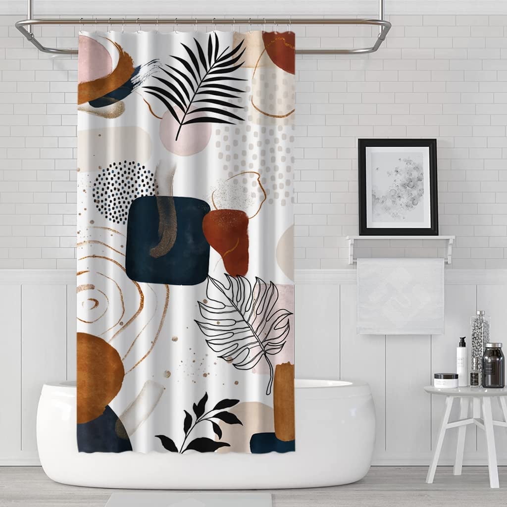 Abstract Shower Curtain Boho Mid Century Navy Blue Gold Colorful Modern Geometric Leaves Plant ...